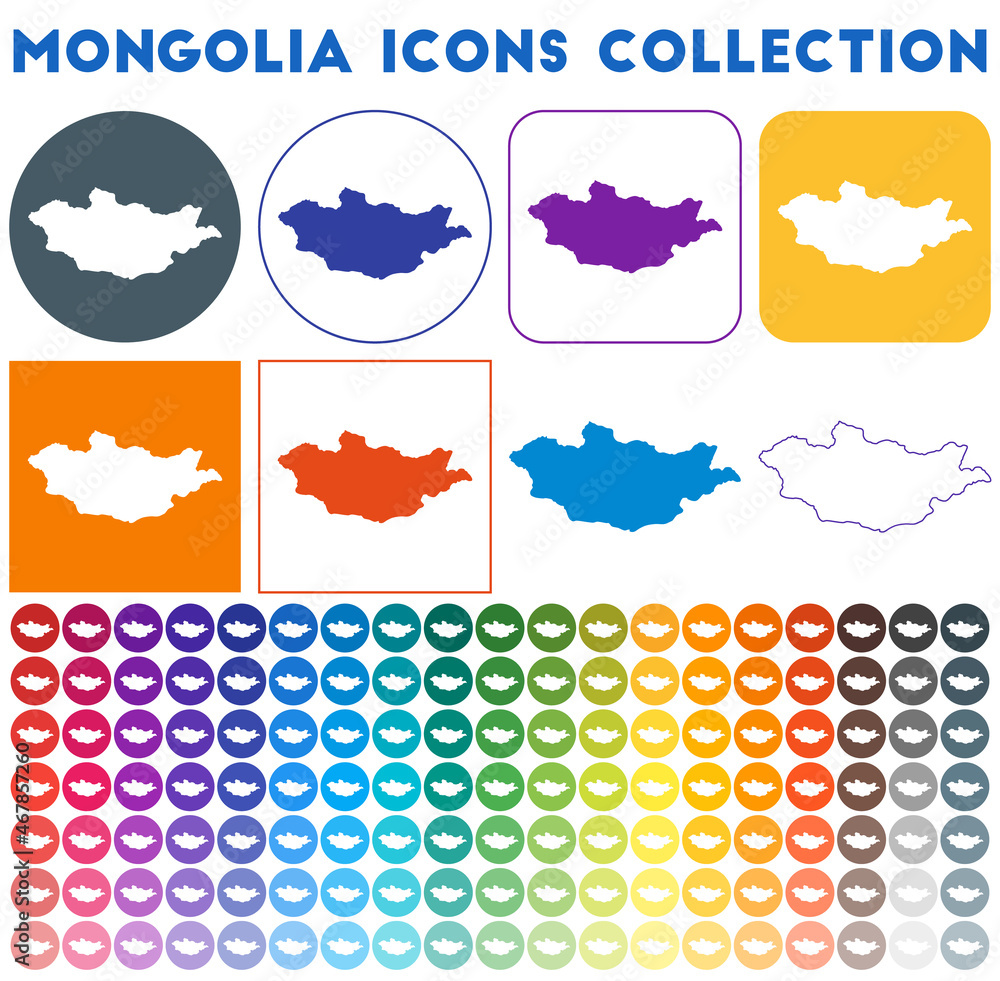 Mongolia icons collection. Bright colourful trendy map icons. Modern Mongolia badge with country ...