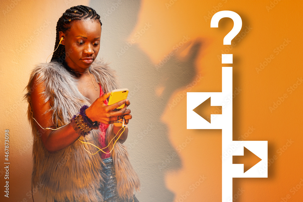 Woman trying to choose direction. Difficult choice woman. Black African ...