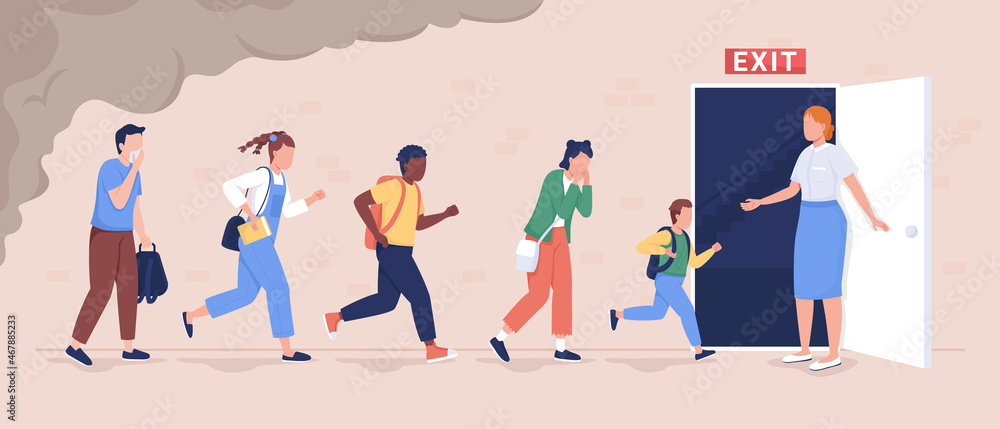 Pupils evacuation from school building flat color vector illustration ...