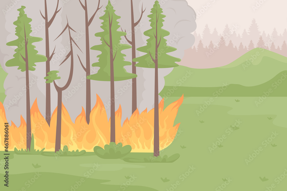 Burning forest flat color vector illustration. Uncontrolled fire in ...