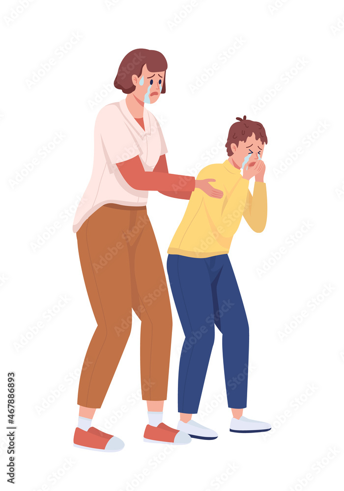 Crying mother embracing son shoulders semi flat color vector characters ...