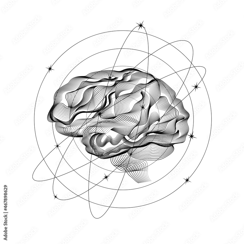 Abstract linear drawing of a brain surrounded by stars in orbits. Black ...