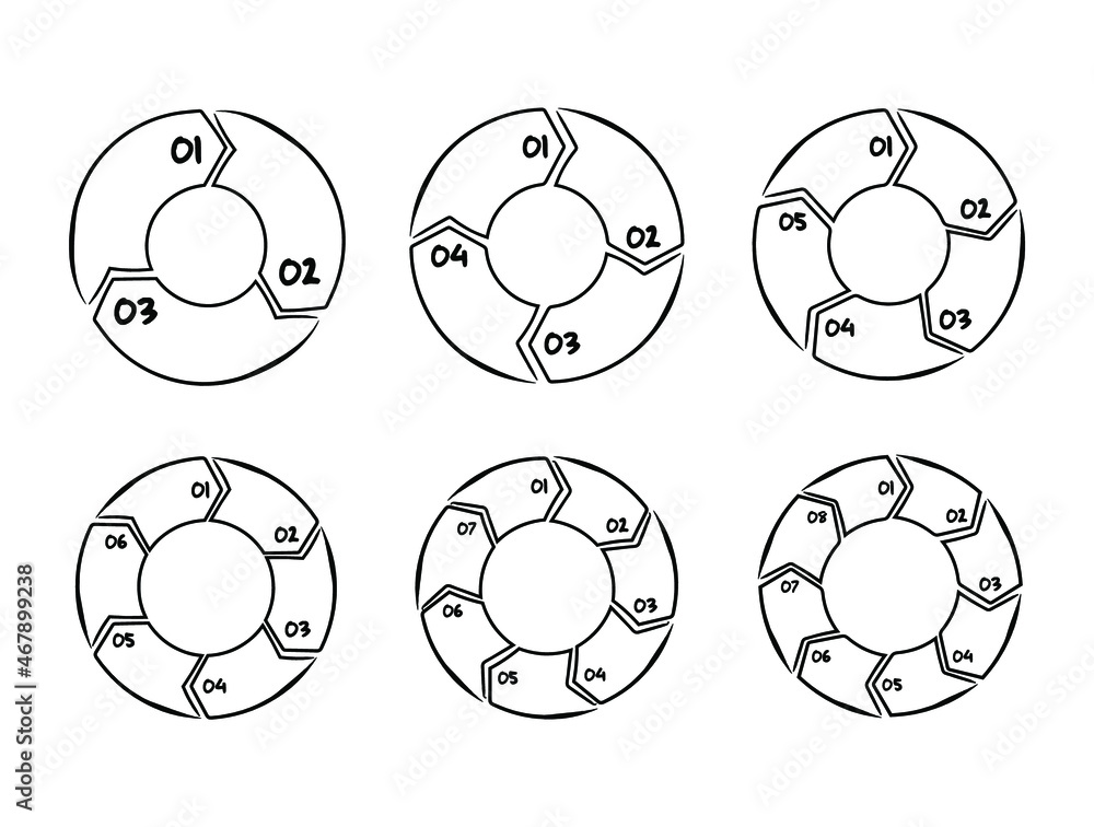 Hand drawn cycle diagram charts, Set of 3, 4, 5, 6, 7, 8 options steps ...