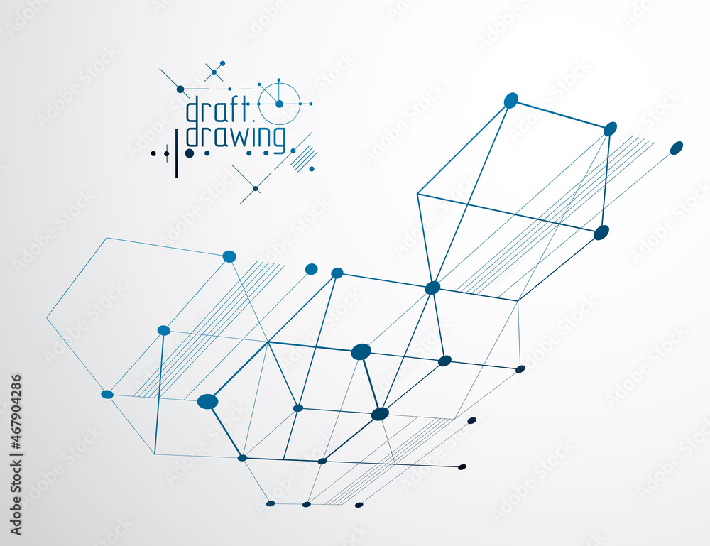 Mechanical scheme, vector engineering drawing with circles and hexagons ...