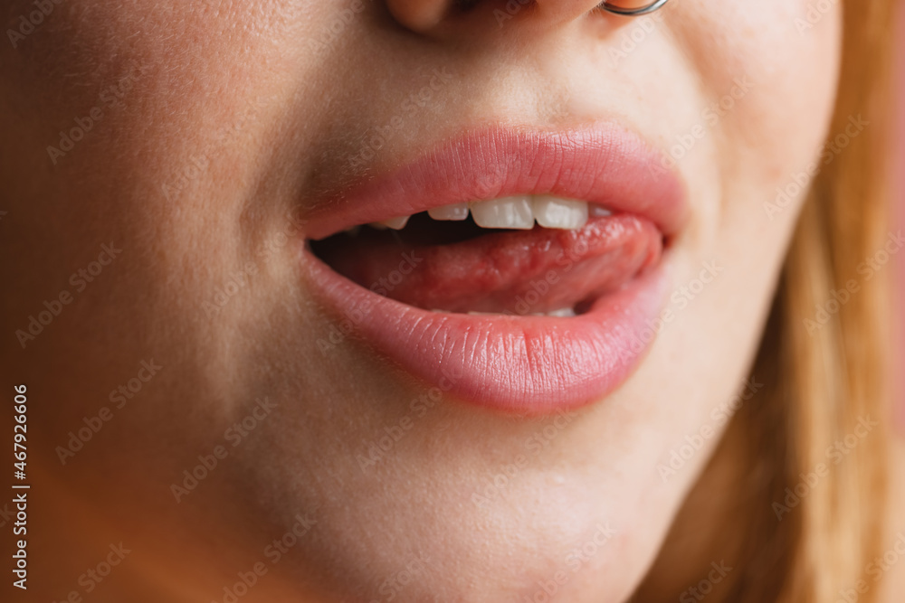 Close-up face of young beautiful girl without makeup, lips and chin ...