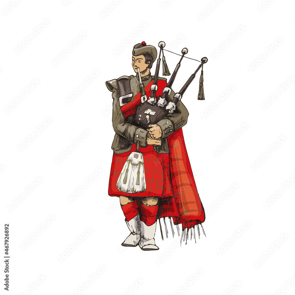 Poster Scottish man dressed in kilt playing traditional bagpipes – Wall ...