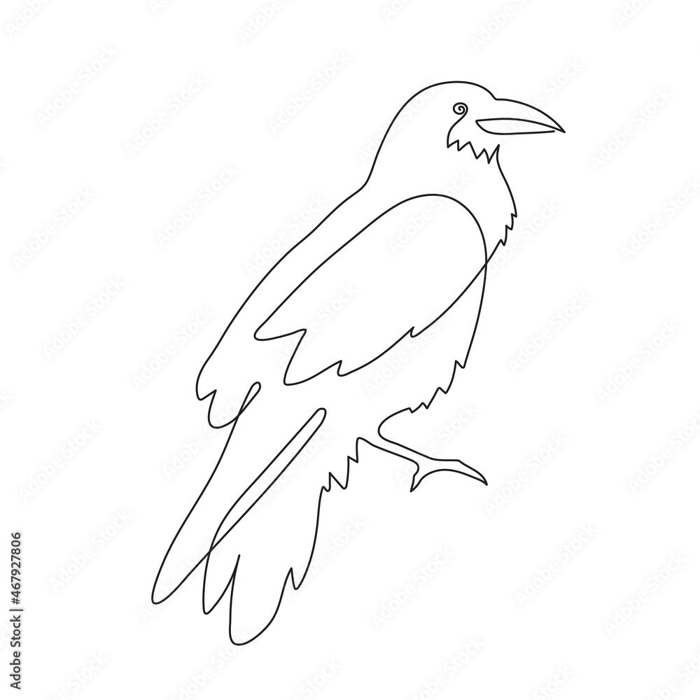 Raven one-line art, crow hand drawn continuous contour. Doodle, sketch ...