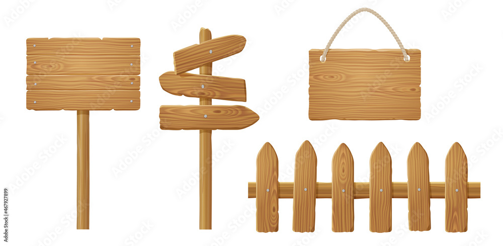 Wooden board with rope, fence, signboard and direction sign on posts ...