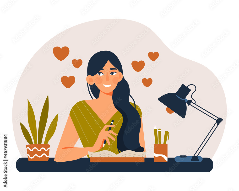Girl Writing In Diary Or Journal Character Sets Up His Goals