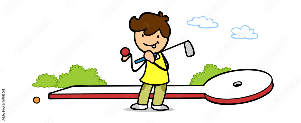Fröhlicher Junge auf Minigolfanlage Stock Illustration | Adobe Stock