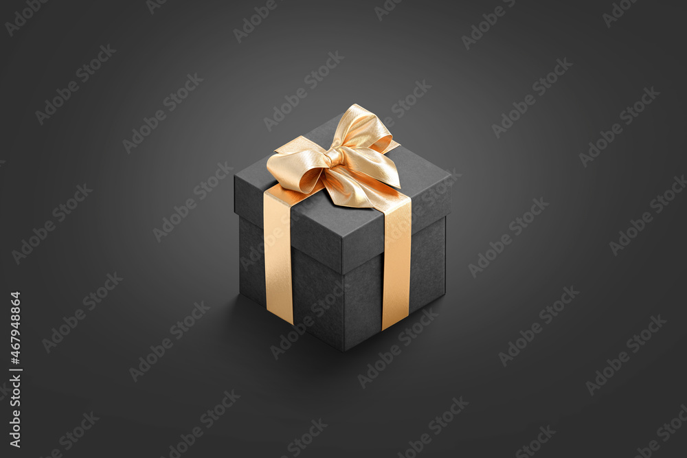 Blank black gift box with gold ribbon mockup, dark background Stock ...