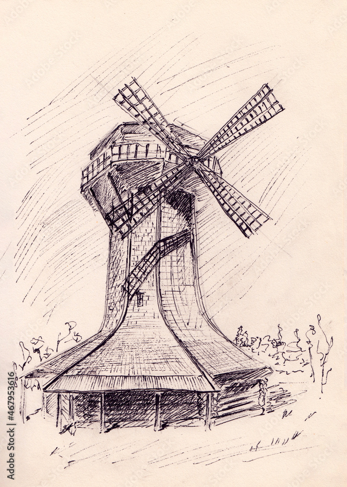 Ink pen drawing of East European medieval windmill. Vertical artwork ...