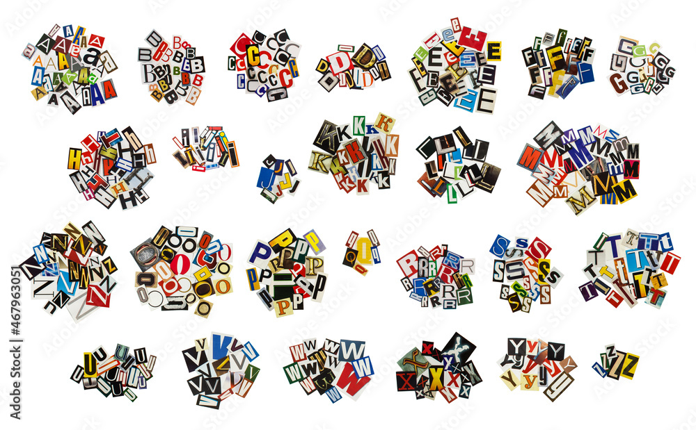 English alphabet letters cutting from magazine paper. Newspaper ...
