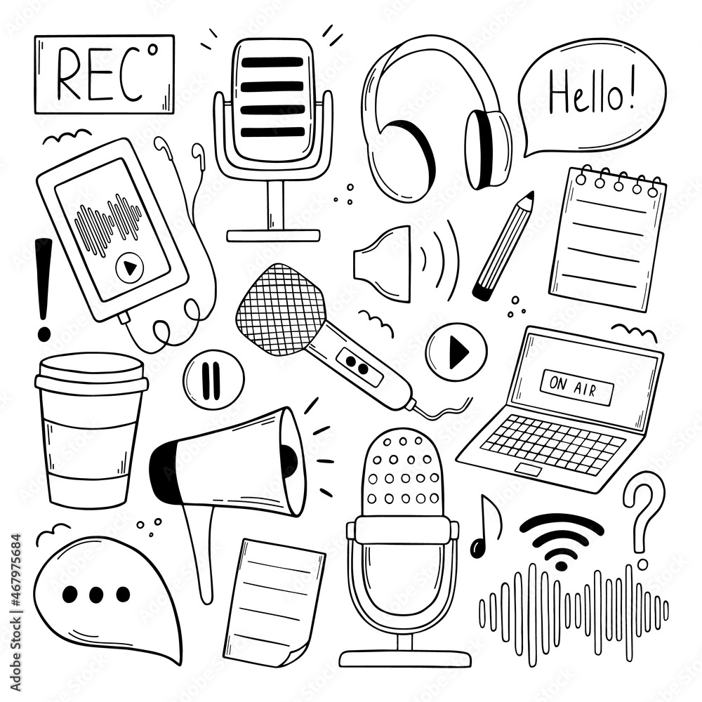 Set of Podcast doodle. Podcast equipmen: microphone, phone, laptop ...