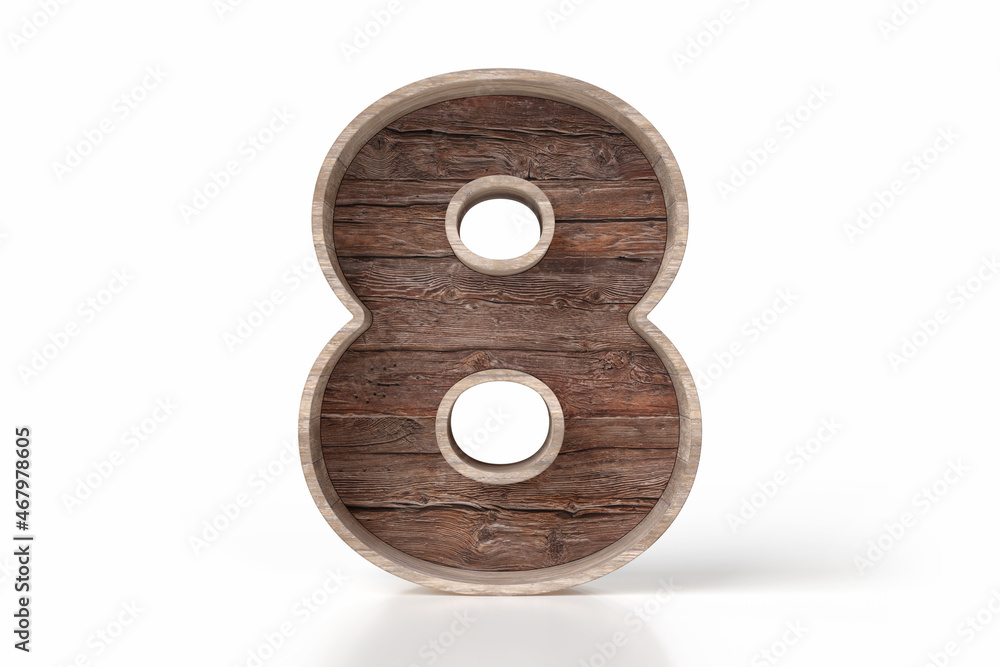 Wooden corporeal number 8 vintage style. Isolated 3d raw wood font on ...