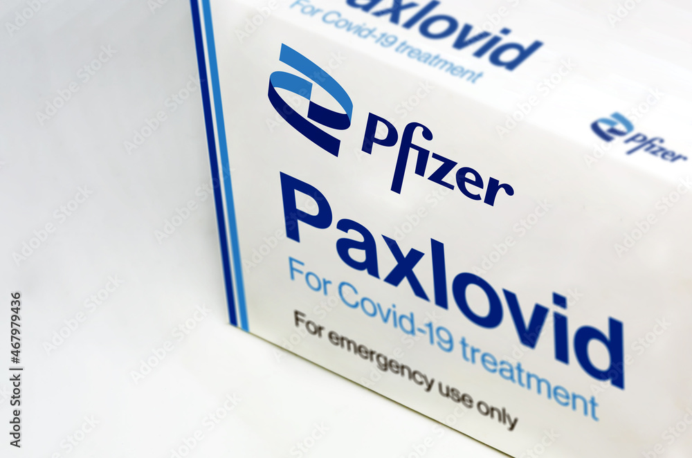Pfizer Covid-19 Paxlovid treatment box isolated on a white background ...