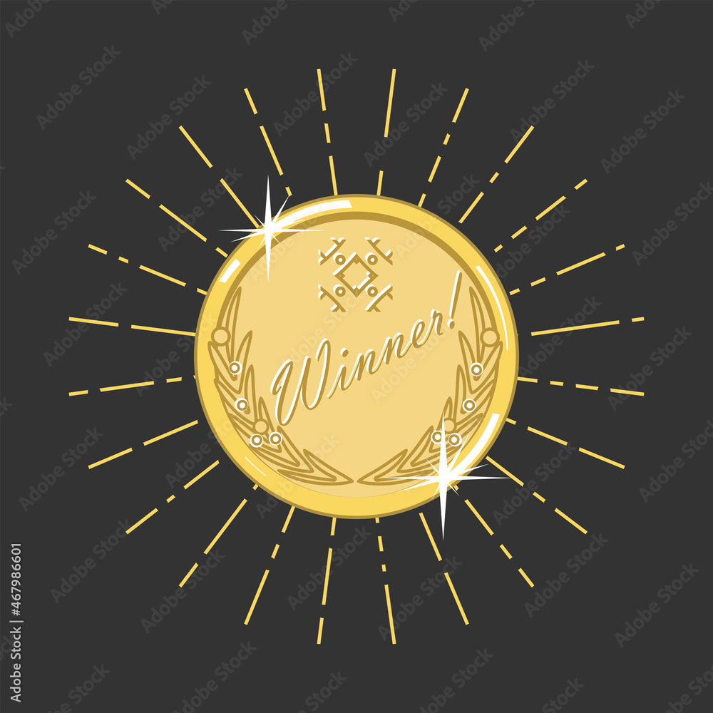 Gold glittering medal with the inscription winner, ears of corn and an ...