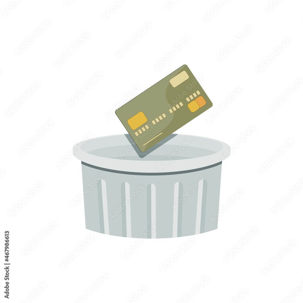 Throw your bank card into the trash can. Vector illustration, flat ...