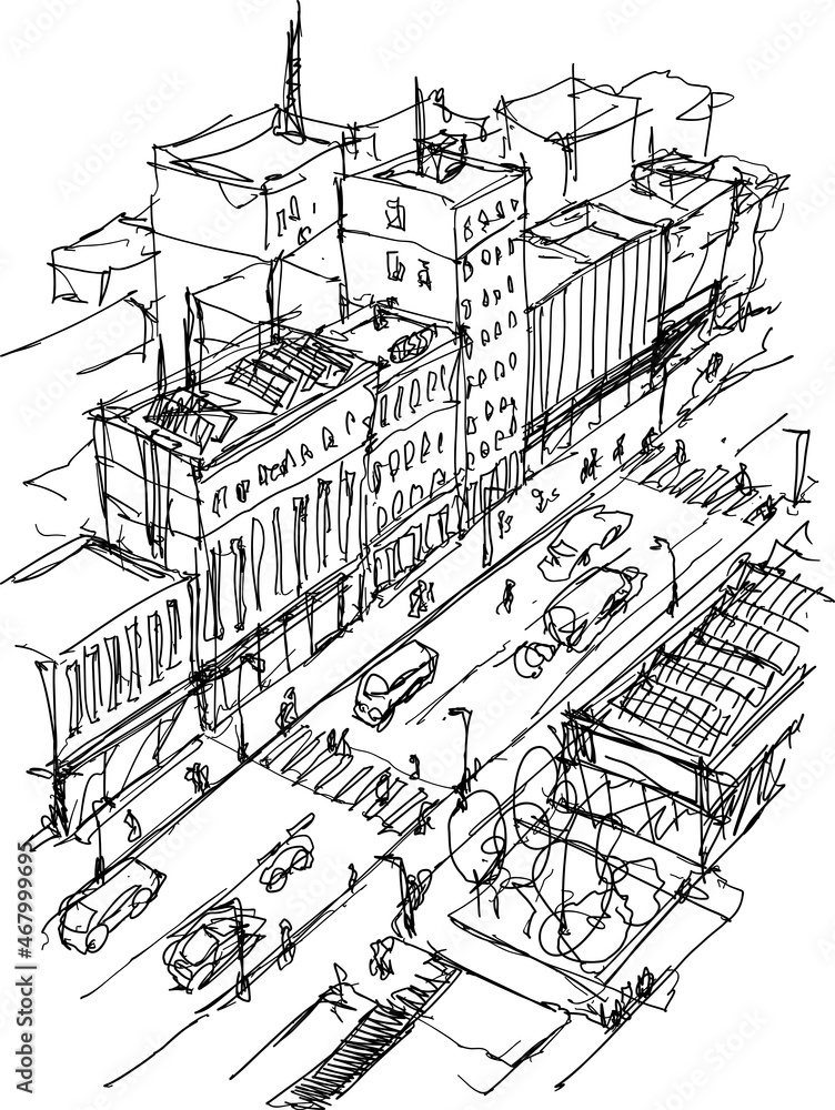hand drawn architectural sketch of a modern city with high buildings ...