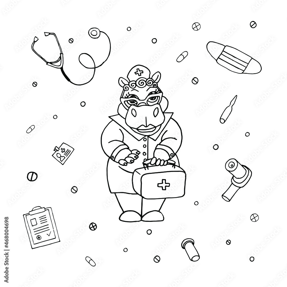 Coloring book for kids Doctor hippo. Coloring Page Outline Of cartoon ...