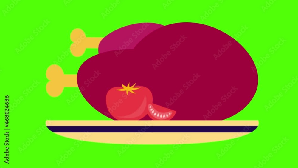 An animation of a huge turkey on a plate on a green screen background ...