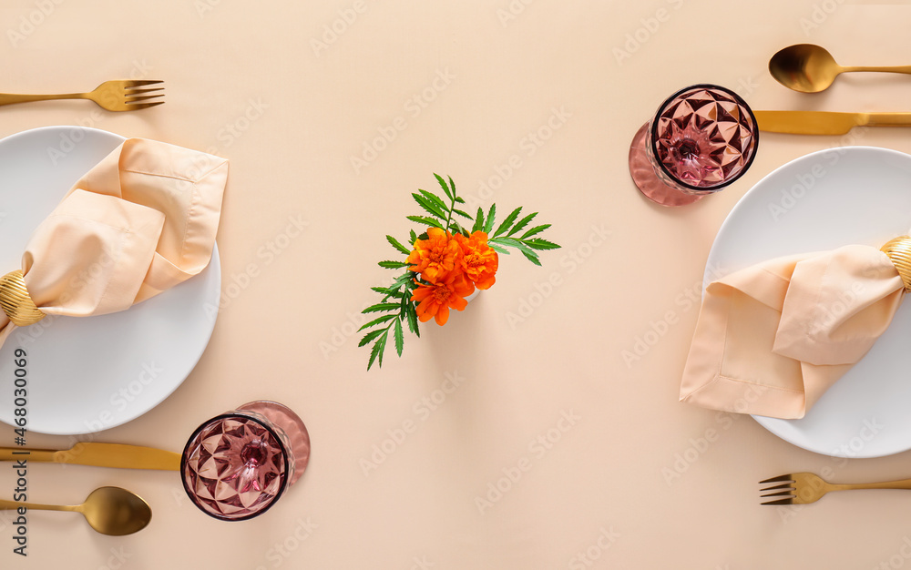 Stylish table setting on color background Stock Photo | Adobe Stock
