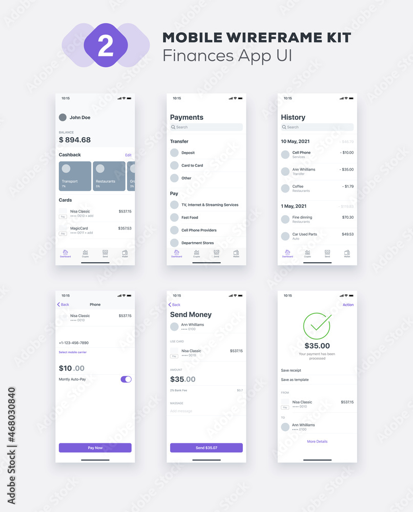 UI Mobile app. Finances UX, GUI design elements. Mobile application template layout. Stock ...