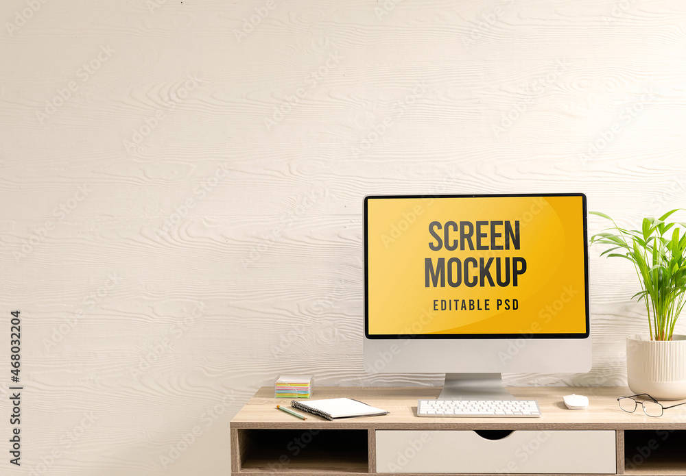 Computer on Desk Mockup Stock Template | Adobe Stock