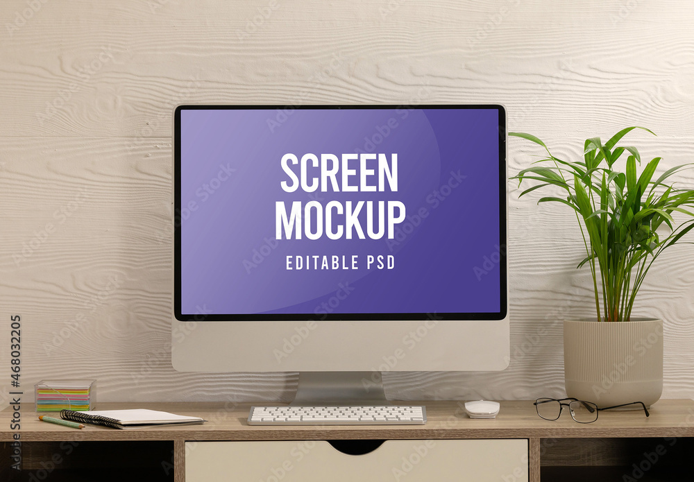 Computer on Desk Mockup Stock Template | Adobe Stock