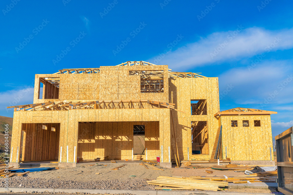 Unfinished house structure with timber frame and cork wall insulation ...