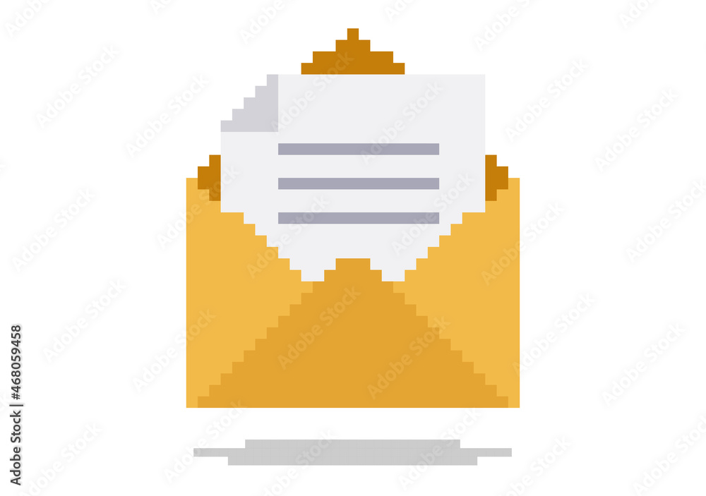 Pixel art vector illustration of opened email with text on paper ...
