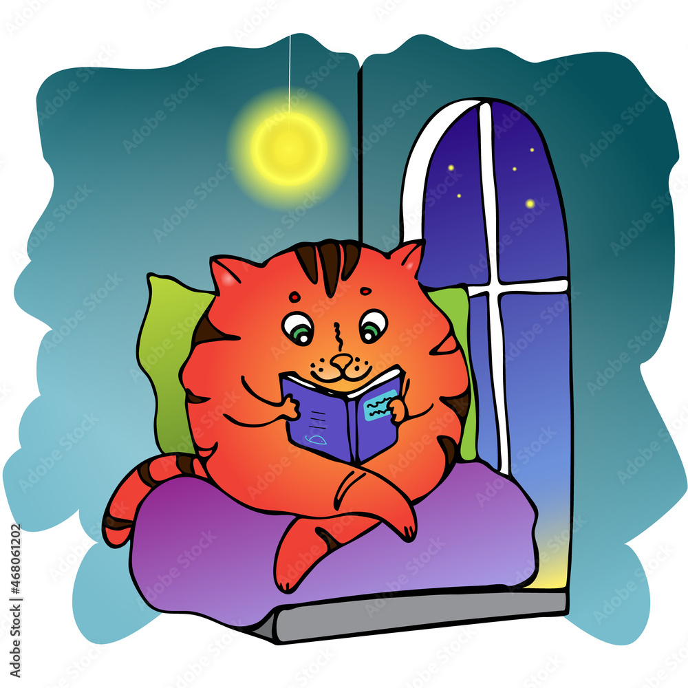Orange cat or tiger reading a book in the evening. Bright doodle ...