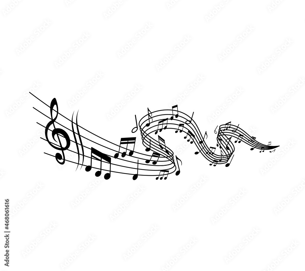 Melody wave with music notes, isolated vector swirl of musical notation ...