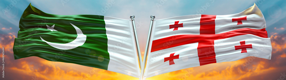 Pakistan flag and Georgia Flag waving with texture sky Cloud and sunset ...
