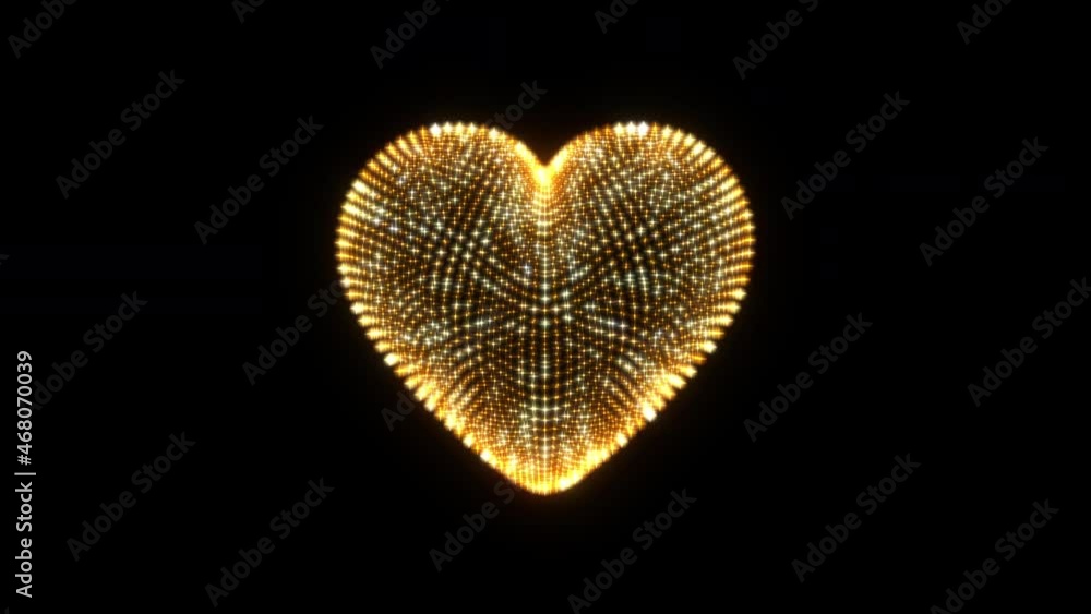 Abstract animation 3D heart of golden blinking glow wire mesh on black ...