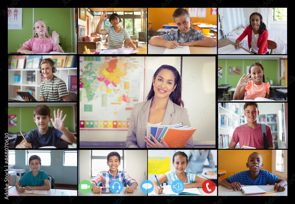Video call interface with diverse female teacher and schoolchildren on ...
