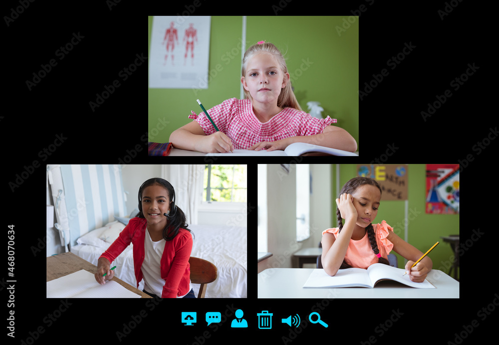 Video call interface with schoolchildren on screen Stock Photo | Adobe ...