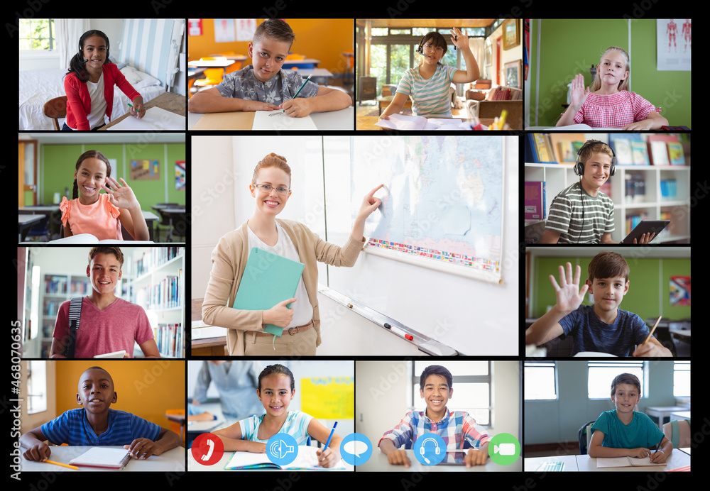 Video call interface with caucasian female teacher and schoolchildren ...