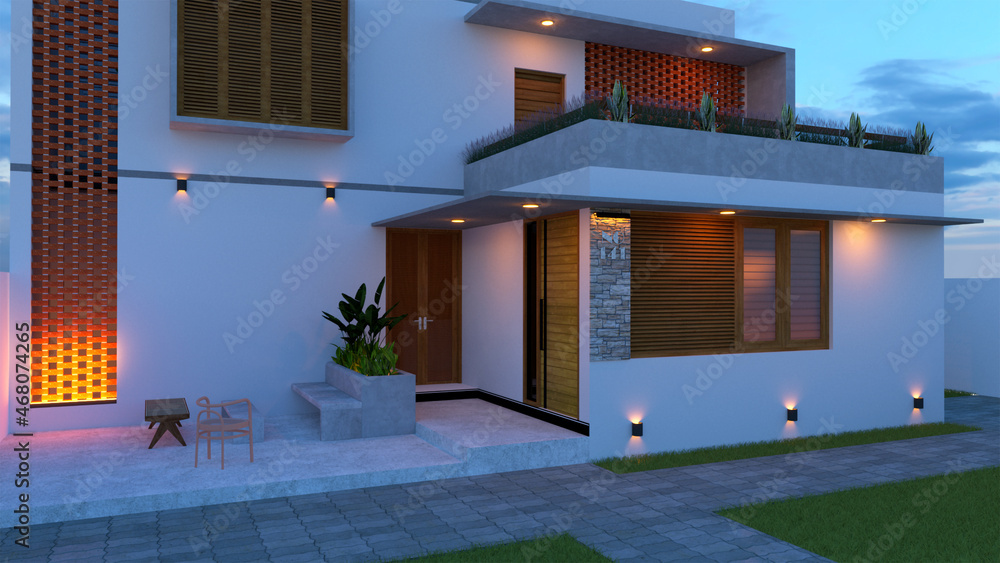 front view of a house rendered in V-ray for sketchup pro Stock ...