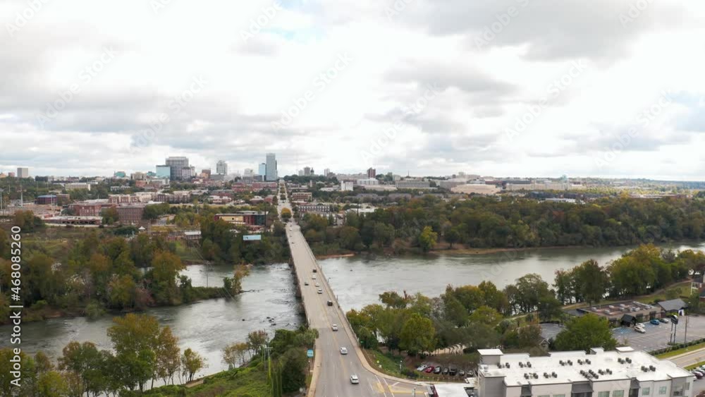 An aerial of Columbia, South Carolina from the River District revealing ...
