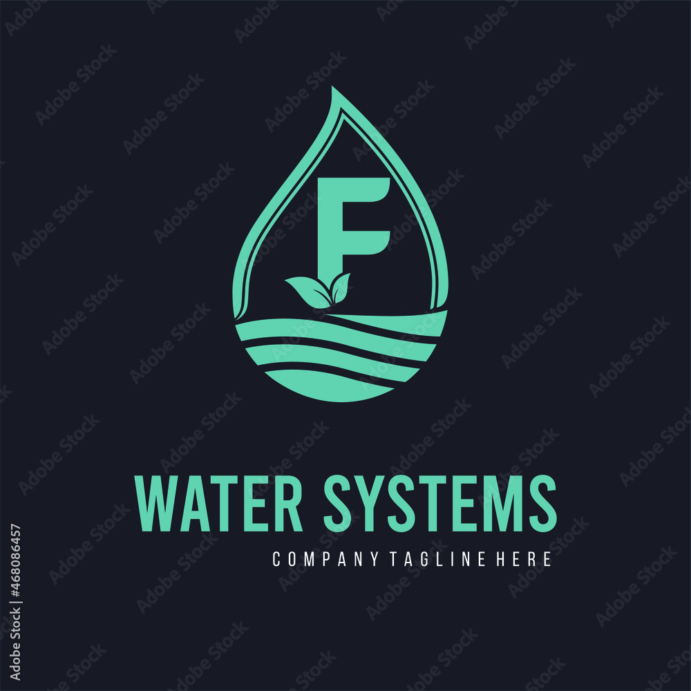 Initial F Letter with water drop and leaf for water drainage ...