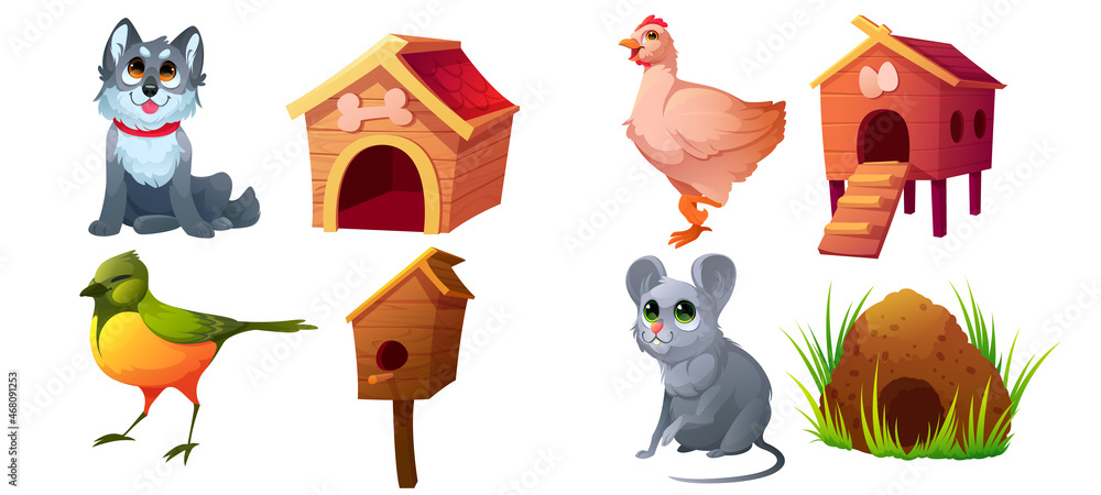 Animals with their habitats, dog and kennel, bird and birdhouse. Vector ...