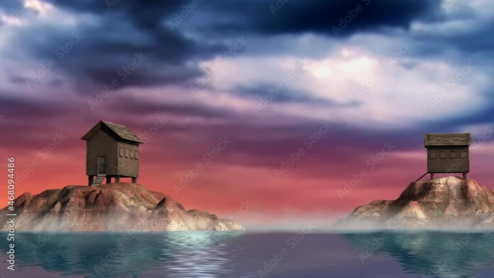 Animated video of big rocks and houses floating above sea with red ...