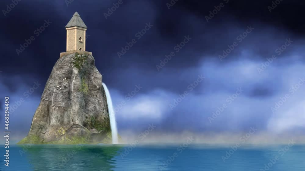 Animated video of big rocks and houses floating above sea with rainy ...