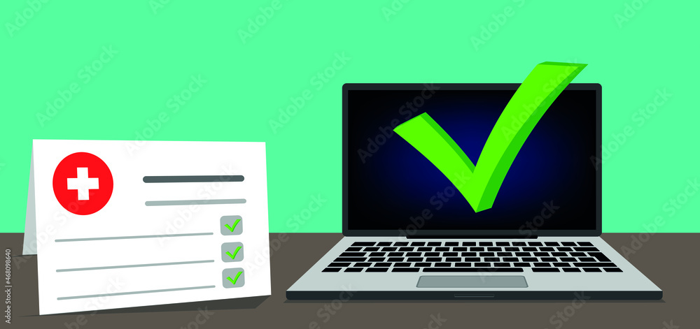 Laptop modern screen with checkmark notification and medical ...