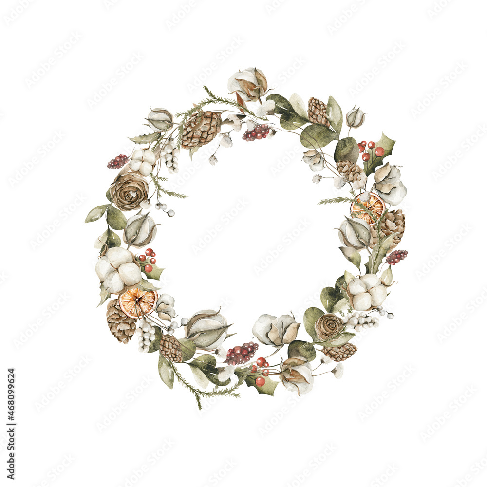 Watercolor floral wreath. Hand painted christmas frame of winter ...