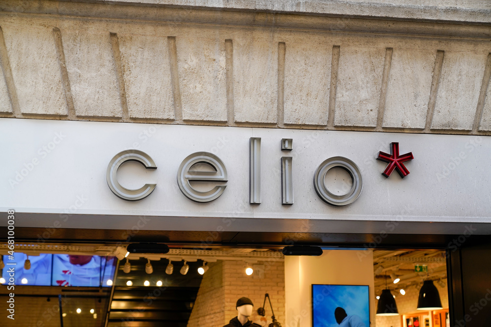 celio sign text and cross brand logo on store for men fashion shop ...