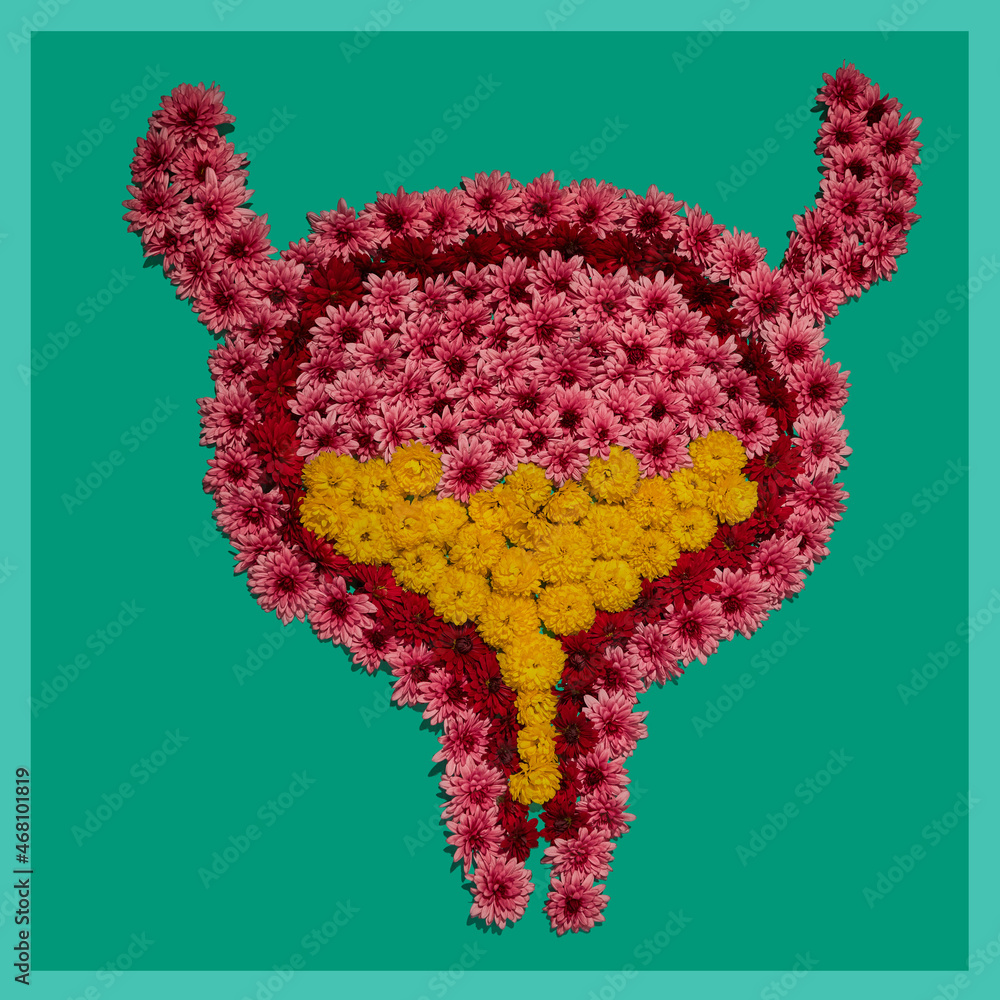 Flower installation of human bladder on green background, concept of ...