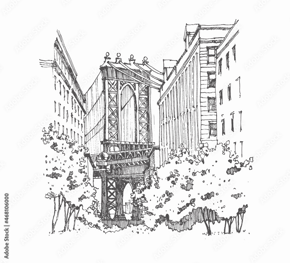 Architecture sketch illustration. Travel sketch of Manhattan Bridge New ...