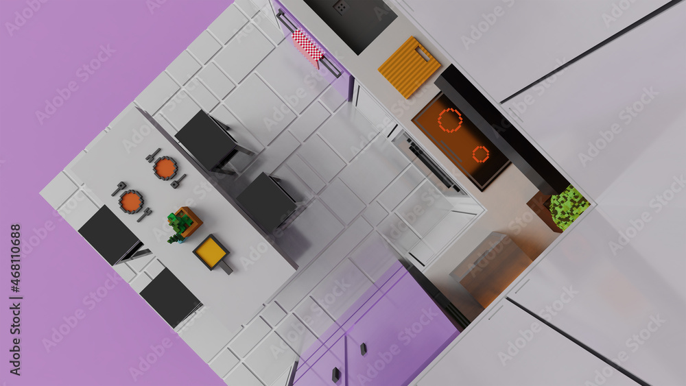 top view 3d rendered pistachio green kitchen utensils in voxel kitchen ...